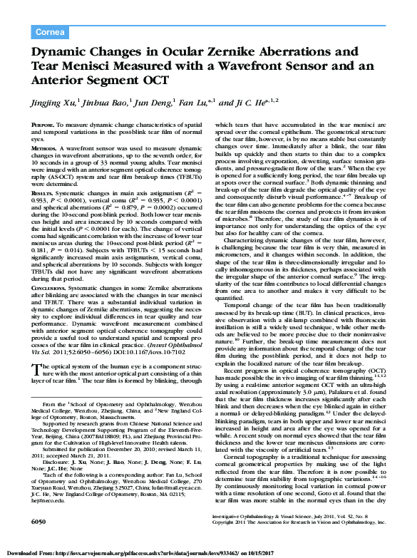 (PDF) Dynamic Changes in Ocular Zernike Aberrations and Tear Menisci Measured with a Wavefront ...