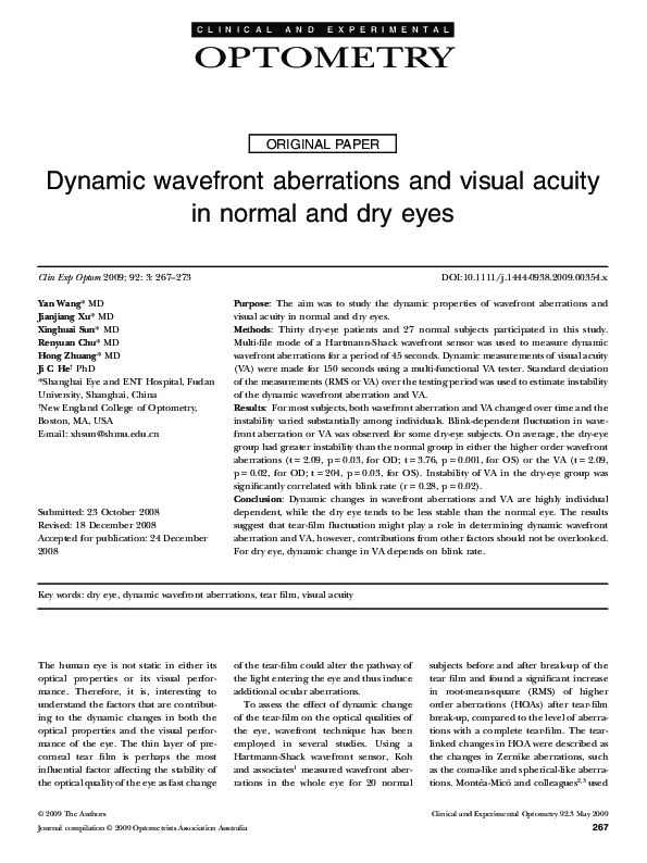 (PDF) Dynamic wavefront aberrations and visual acuity in normal and dry eyes