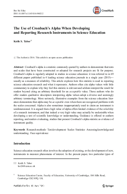 (PDF) The Use of Cronbach’s Alpha When Developing and Reporting Research Instruments in Science ...