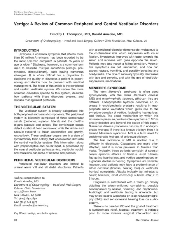 (PDF) Vertigo: a review of common peripheral and central vestibular ...
