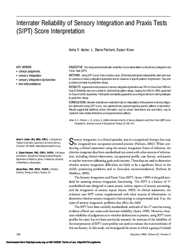 Interrater Reliability of Sensory Integration and Praxis Tests (SIPT ...