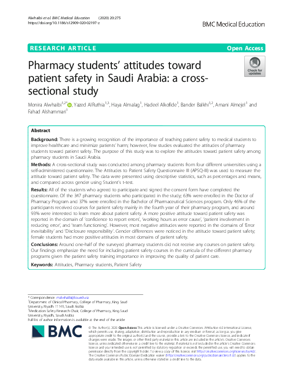 (PDF) Pharmacy students’ attitudes toward patient safety in Saudi ...