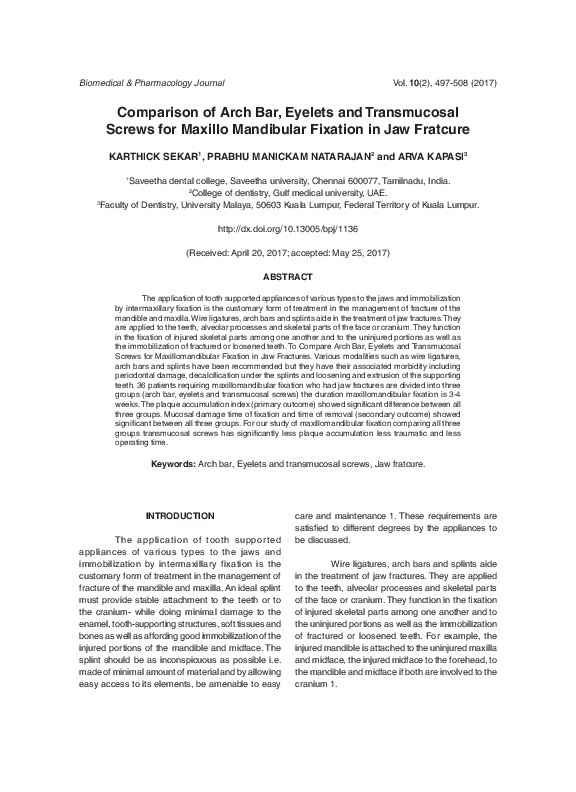 (PDF) Comparison of Arch Bar, Eyelets and Transmucosal Screws for ...