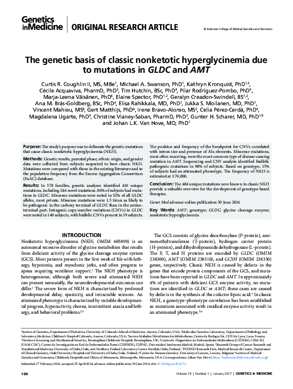 (PDF) The genetic basis of classic nonketotic hyperglycinemia due to ...