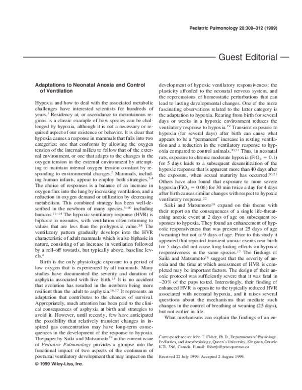 (PDF) Adaptations to neonatal anoxia and control of ventilation