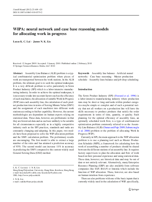 (PDF) WIPA: neural network and case base reasoning models for allocating work in progress ...
