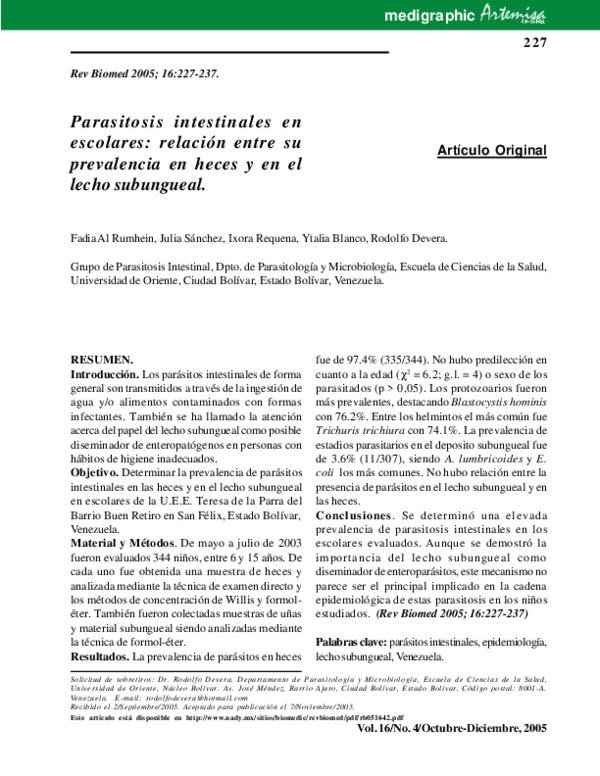 (PDF) Parasitosis intestinales en escolares: relación entre su ...