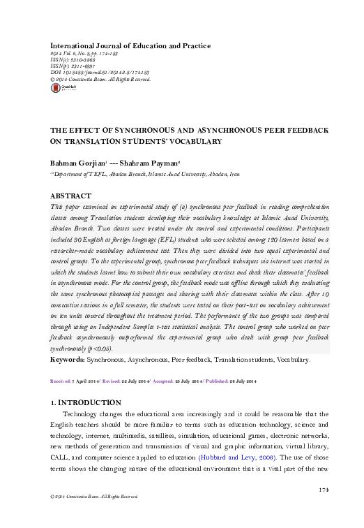 (PDF) The Effect of Synchronous and Asynchronous Peer Feedback on Translation Students’ Vocabulary