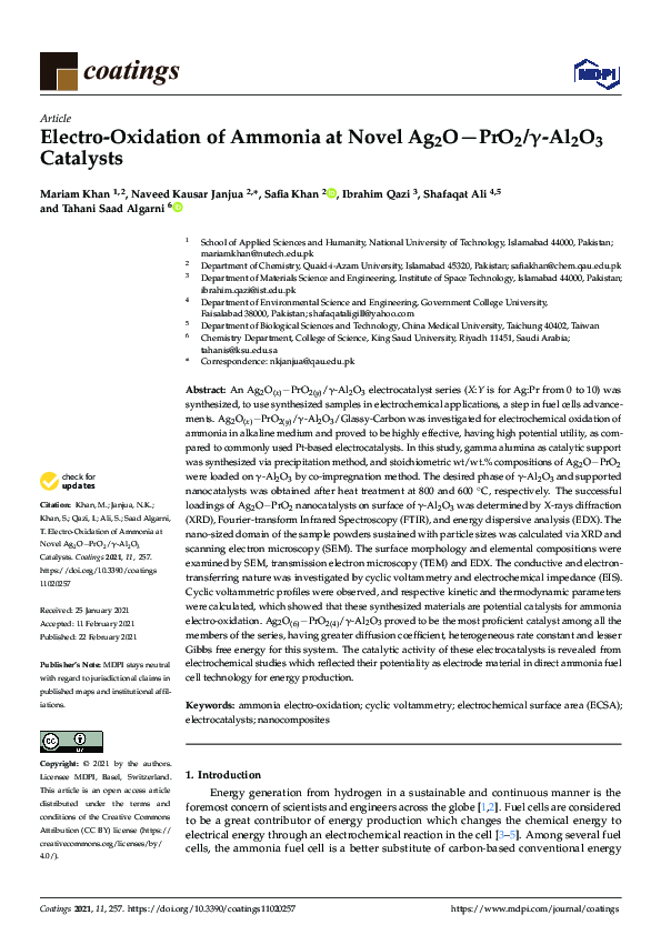 (PDF) Electro-Oxidation of Ammonia at Novel Ag2O−PrO2/γ-Al2O3 Catalysts