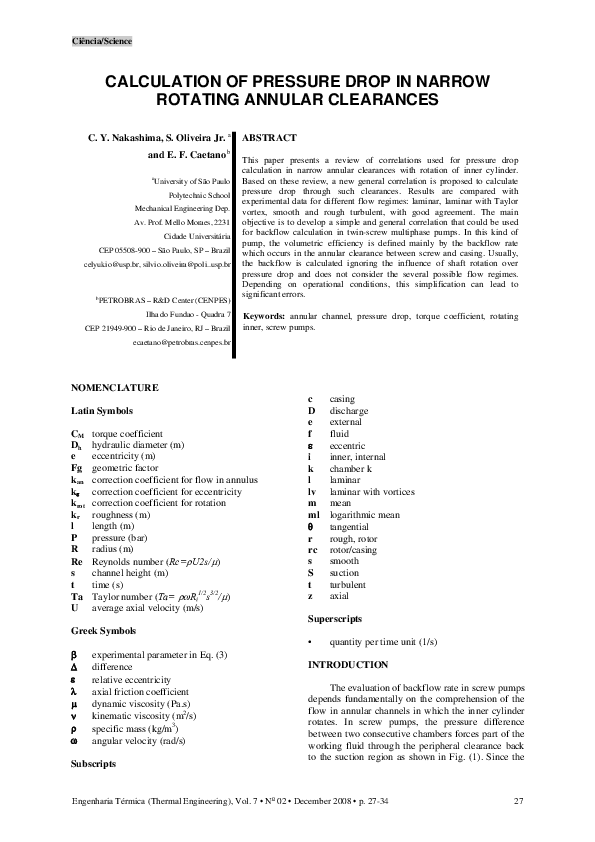 (PDF) Calculation of Pressure Drop in Narrow Rotating Annular Clearances
