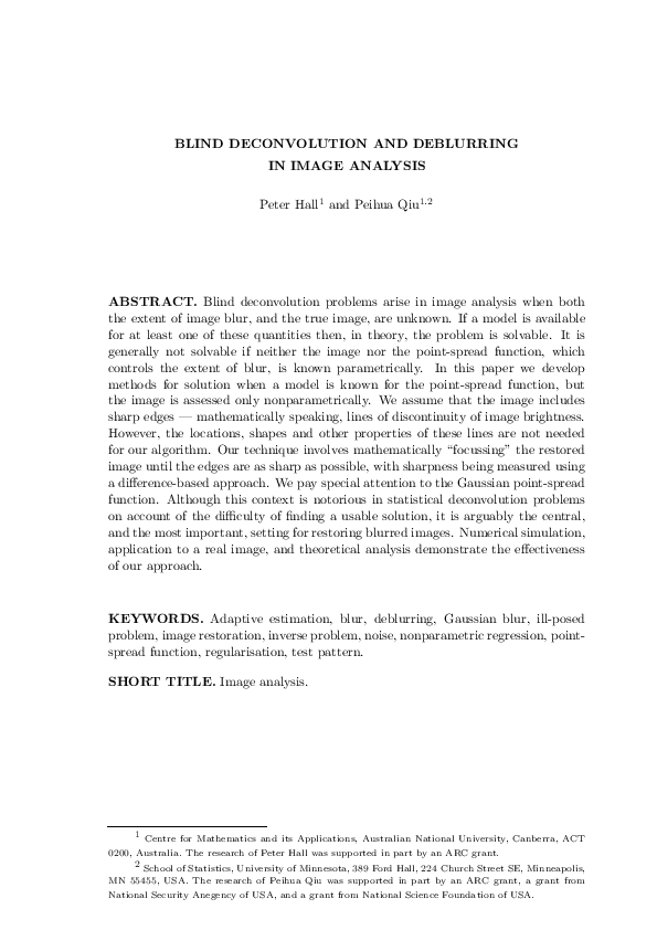 (PDF) Blind Deconvolution and Deblurring in Image Analysis