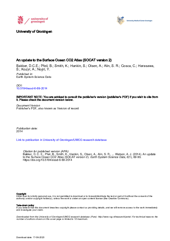 (PDF) An update to the Surface Ocean CO2 Atlas (SOCAT version 2)