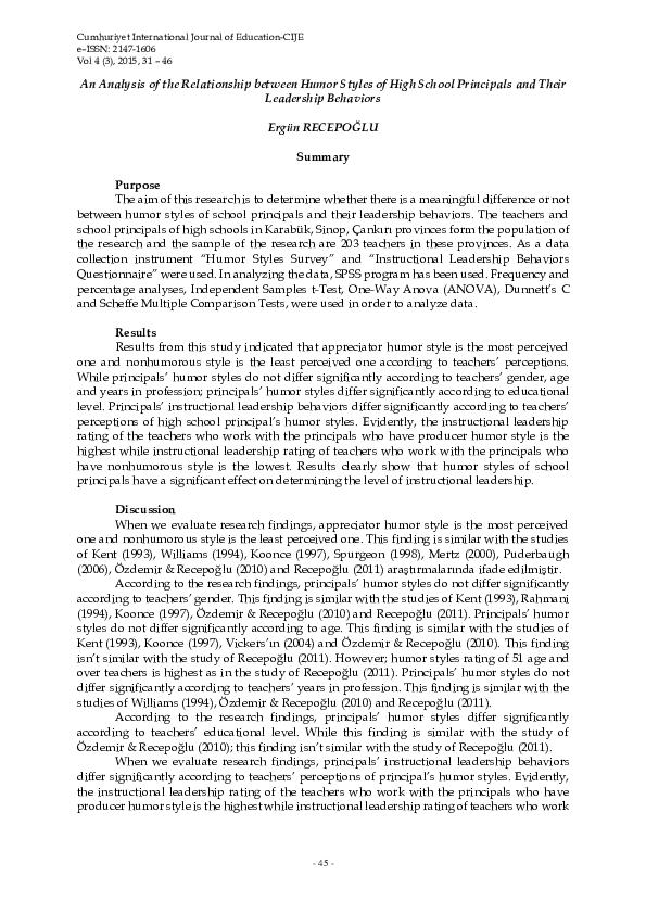 (PDF) An Analysis of the Relationship between Humor Styles of High School Principals and Their ...