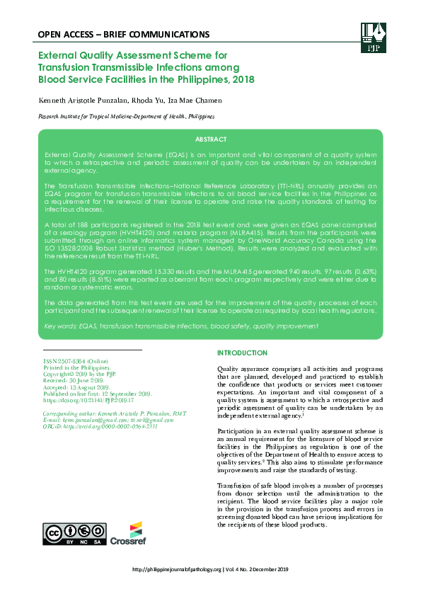 (PDF) External Quality Assessment Scheme for Transfusion Transmissible ...