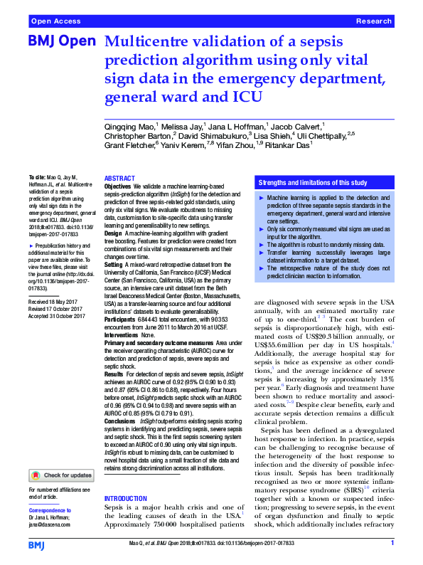 Pdf Multicentre Validation Of A Sepsis Prediction Algorithm Using