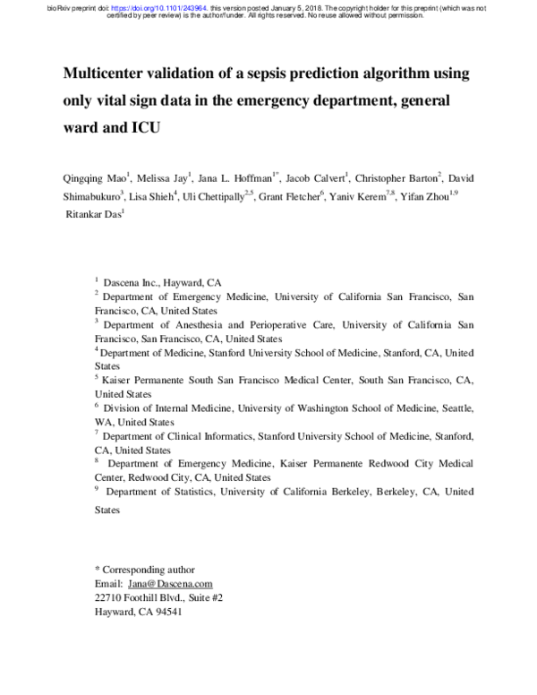 Pdf Multicenter Validation Of A Sepsis Prediction Algorithm Using