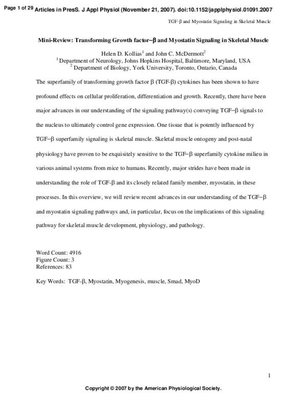 (PDF) Mini-Review: Transforming Growth factor?? and Myostatin Signaling in Skeletal Muscle