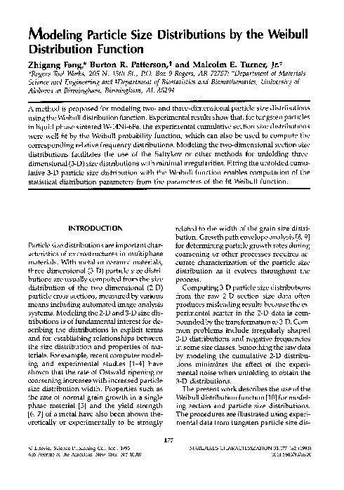 (PDF) Modeling particle size distributions by the Weibull distribution function