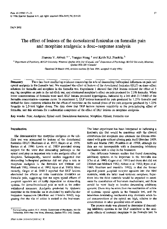 (PDF) The effect of lesions of the dorsolateral funiculus on formalin ...