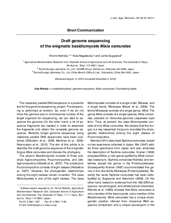 (PDF) Draft genome sequencing of the enigmatic basidiomycete Mixia osmundae