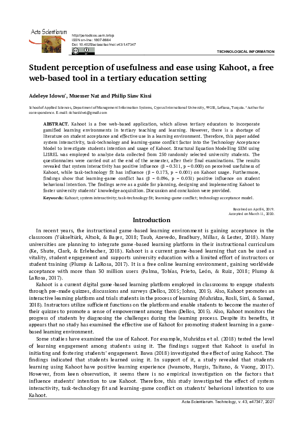 (PDF) Student perception of usefulness and ease using Kahoot, a free ...