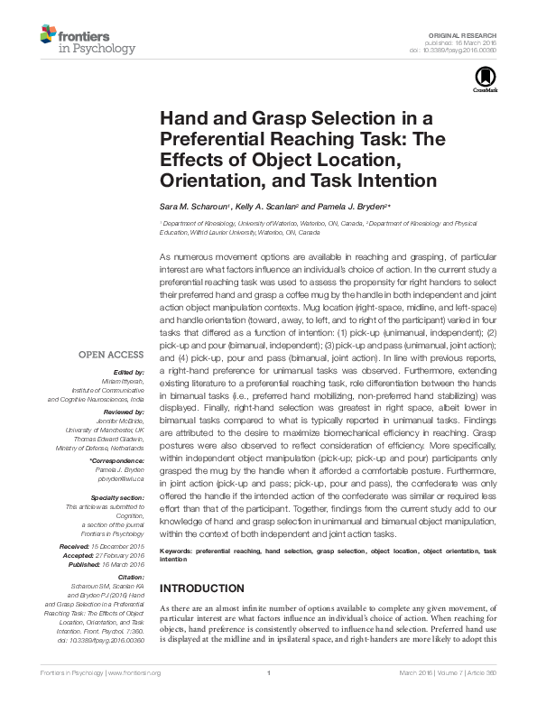 (PDF) Hand and Grasp Selection in a Preferential Reaching Task: The ...