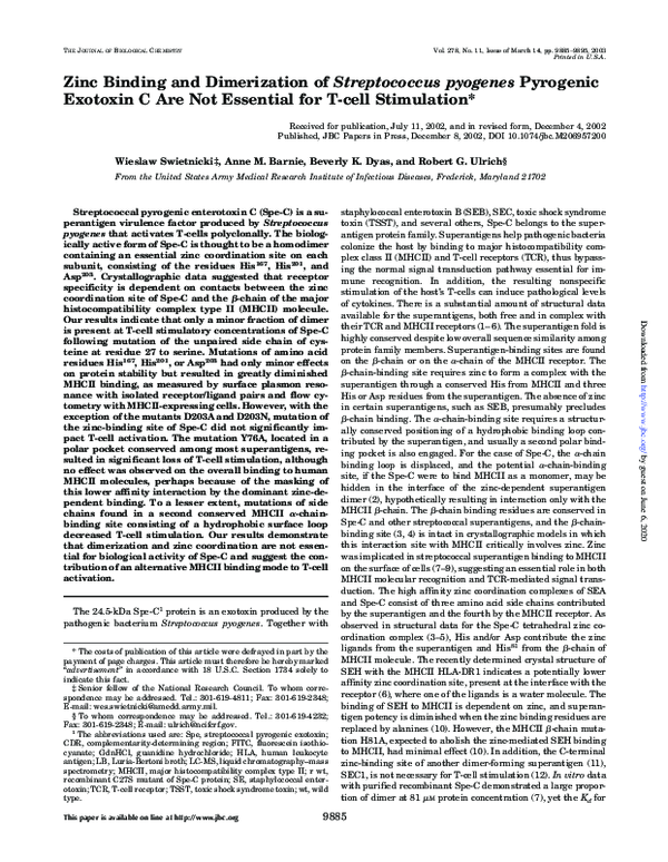 (PDF) Zinc Binding and Dimerization of Streptococcus pyogenes Pyrogenic ...