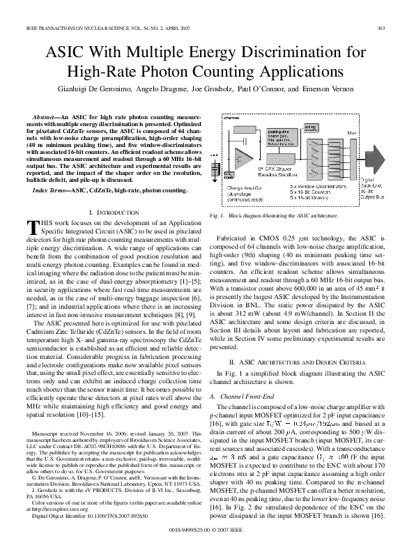 (PDF) ASIC With Multiple Energy Discrimination for High-Rate Photon Counting Applications