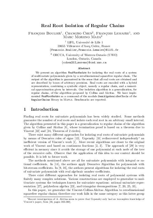 (PDF) Real Root Isolation of Regular Chains