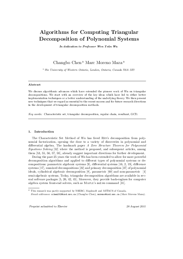 (PDF) Algorithms for computing triangular decomposition of polynomial systems
