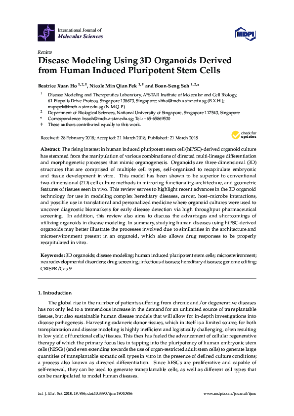 (PDF) Disease Modeling Using 3D Organoids Derived from Human Induced Pluripotent Stem Cells ...