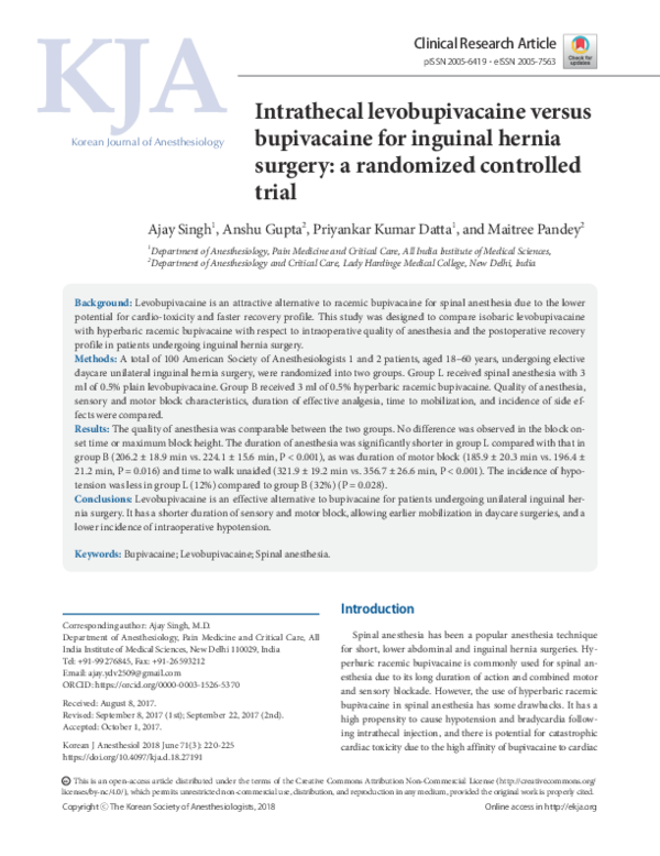 (PDF) Intrathecal levobupivacaine versus bupivacaine for inguinal hernia surgery: a randomized ...