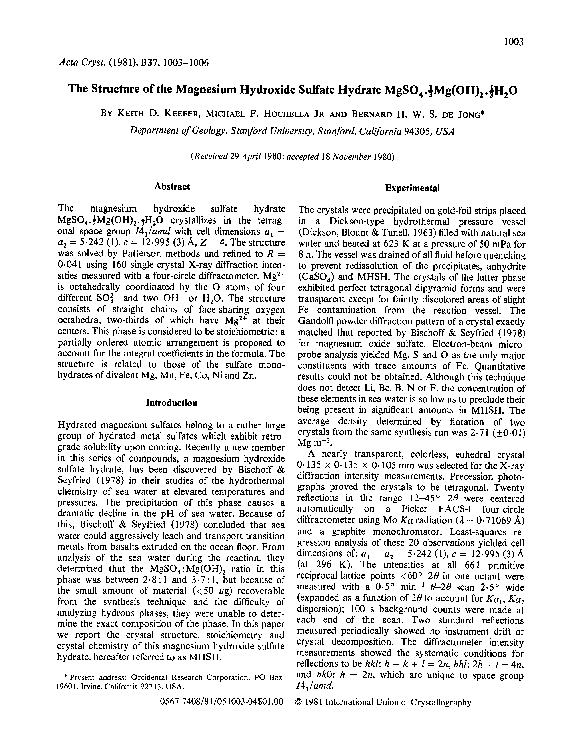 (PDF) The structure of the magnesium hydroxide sulfate hydrate MgSO4.1 ...