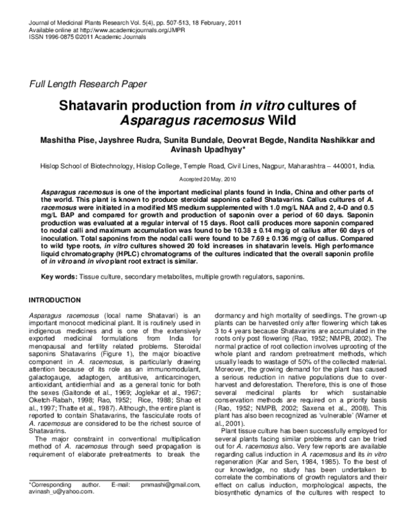 (PDF) Shatavarin production from in vitro cultures of Asparagus ...