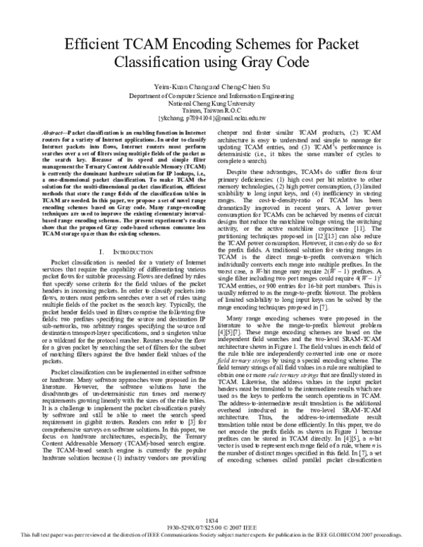 (PDF) Efficient TCAM Encoding Schemes for Packet Classification Using Gray Code