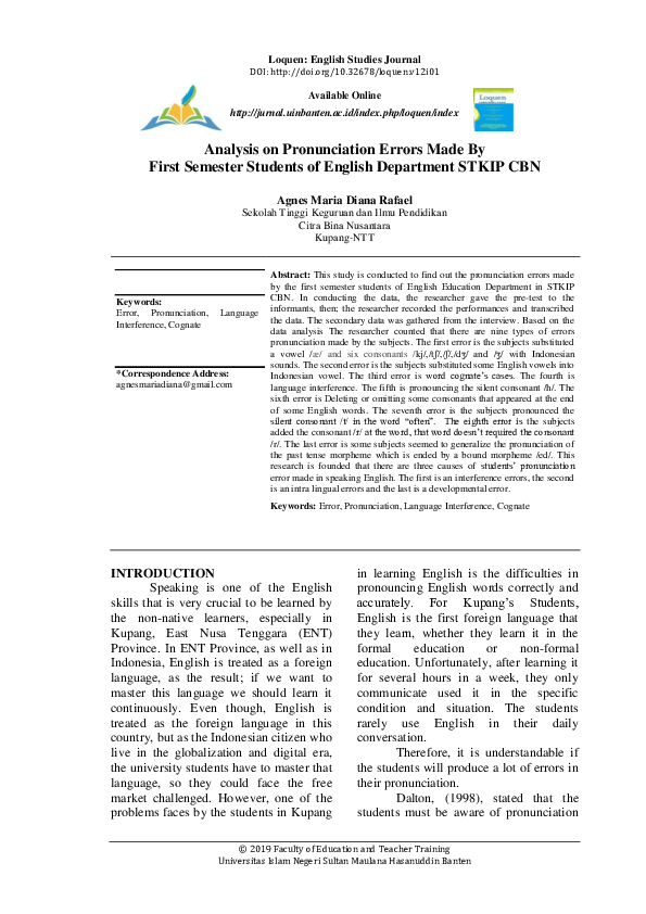 (PDF) An Analysis on Pronunciation Errors Made By First Semester ...