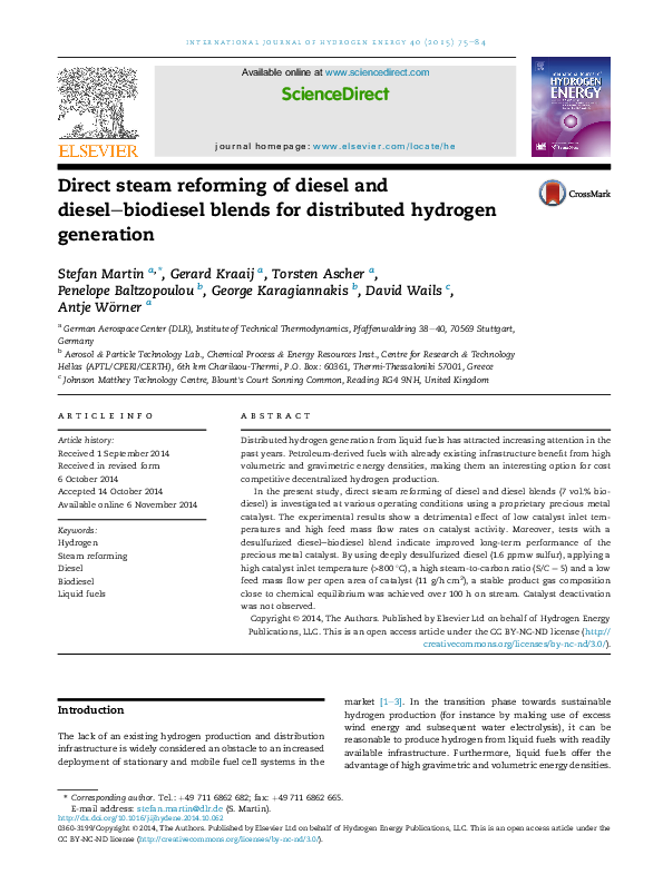 (PDF) Direct steam reforming of diesel and diesel–biodiesel blends for ...