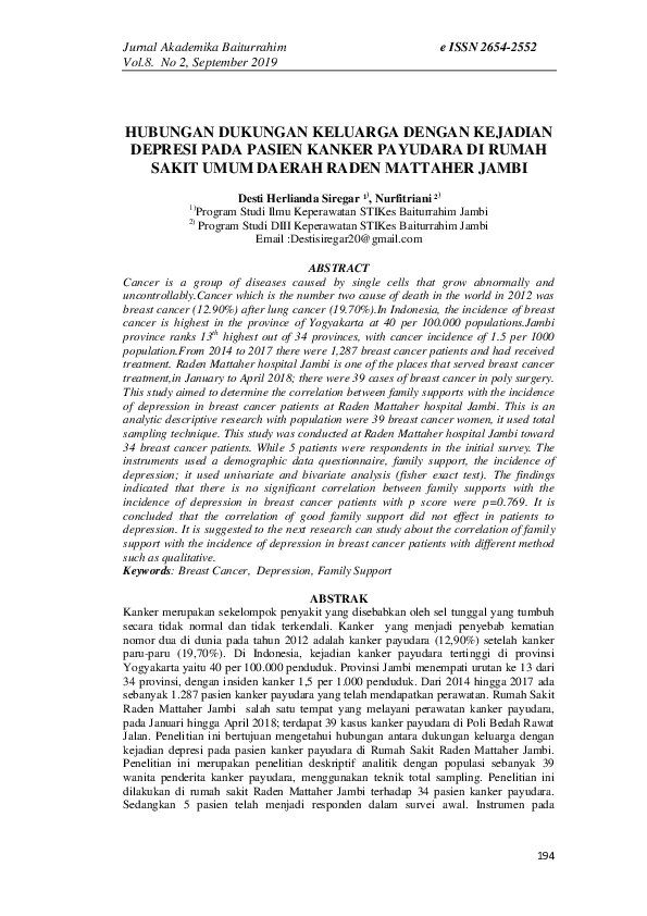 (PDF) Hubungan Dukungan Keluarga dengan Kejadian Depresi pada Pasien Kanker Payudara di Rumah ...