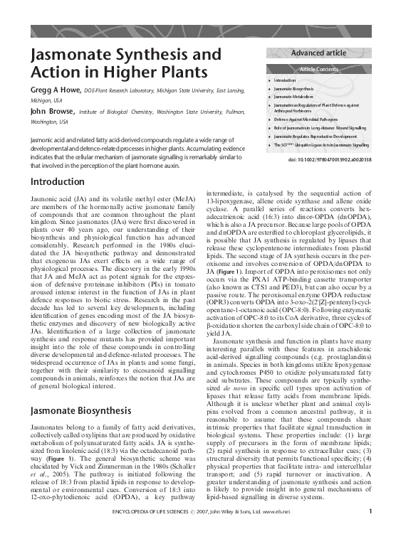 (PDF) Jasmonate Synthesis and Action in Higher Plants