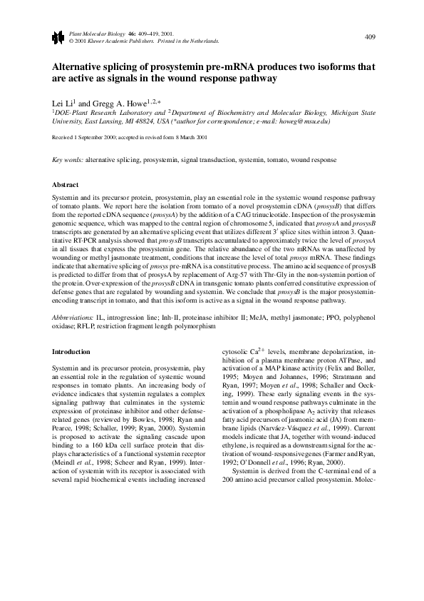 (PDF) Alternative splicing of prosystemin pre-mRNA produces two ...