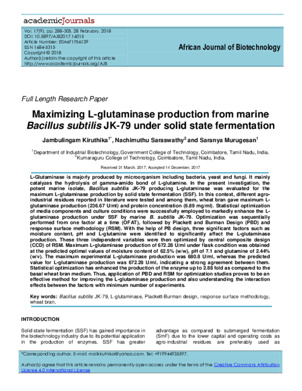 (PDF) Maximizing L-glutaminase production from marine Bacillus subtilis JK-79 under solid state ...