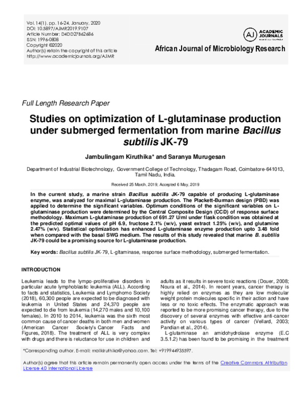 (PDF) Studies on optimization of L-glutaminase production under submerged fermentation from ...