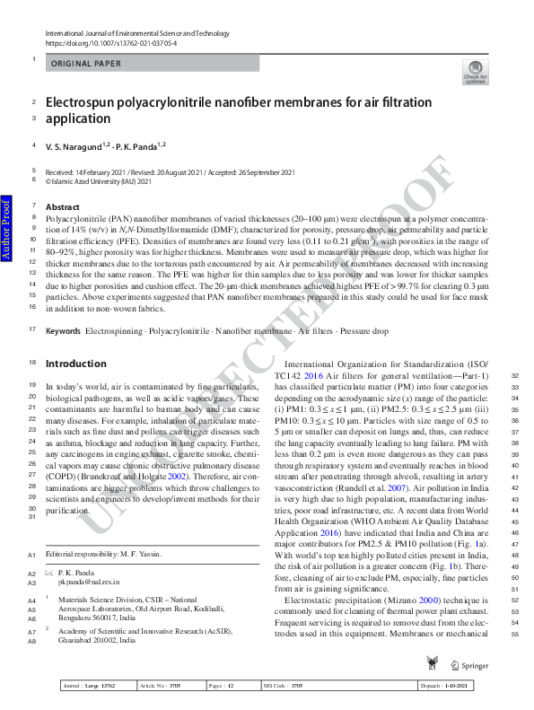 (PDF) Electrospun polyacrylonitrile nanofiber membranes for air filtration application