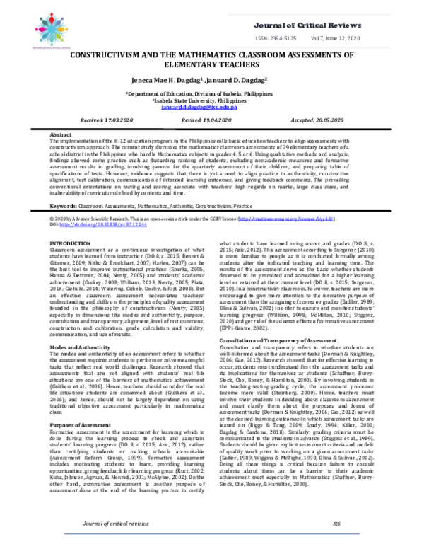 (PDF) Constructivism and the mathematics classroom assessments of ...