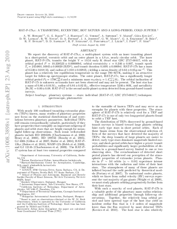 (PDF) HAT-P-17b,c: A TRANSITING, ECCENTRIC, HOT SATURN AND A LONG ...