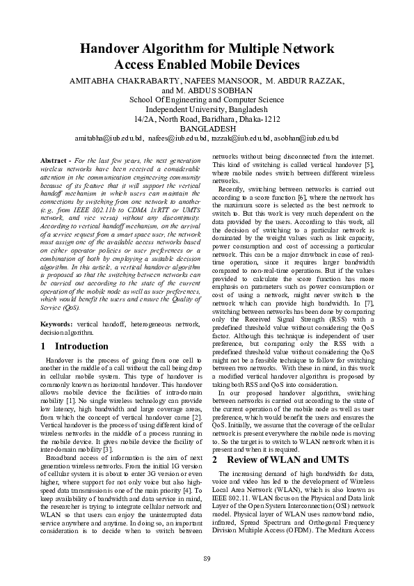 (PDF) Handover Algorithm for Multiple Network Access Enabled Mobile Devices