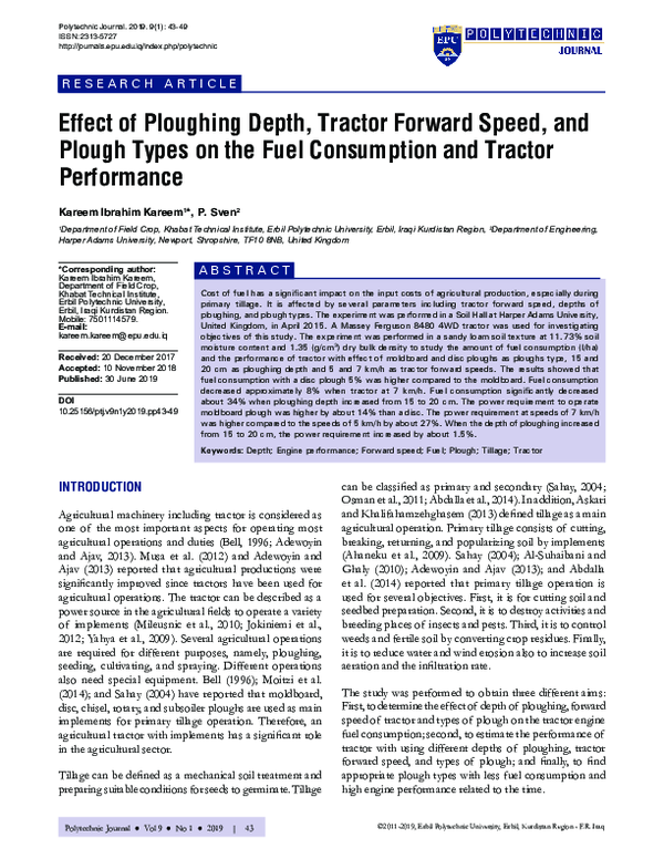 (PDF) Effect of Ploughing Depth, Tractor Forward Speed, and Plough ...