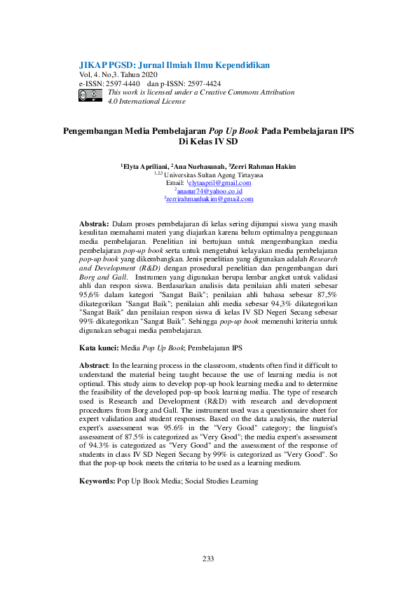 (PDF) Pengembangan Media Pembelajaran Pop Up Book Pada Pembelajaran IPS Di Kelas IV SD