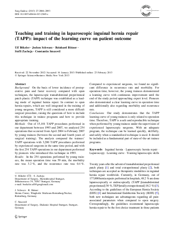 (PDF) Teaching and training in laparoscopic inguinal hernia repair (TAPP): impact of the ...