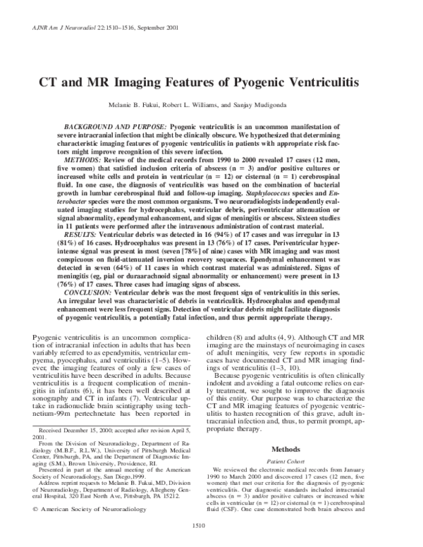 (PDF) CT and MR imaging features of pyogenic ventriculitis